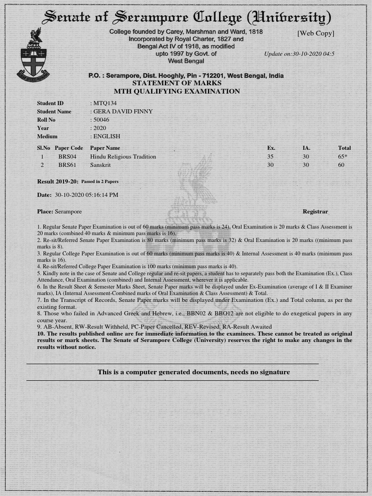 Statement of Marks MTH Qualifying Examination: (Web Copy) | PDF ...