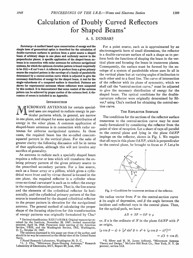 Dunbar Calculation of Doubly Curved Reflectors For Shaped Beams | PDF | Antenna (Radio) | Vacuum ...
