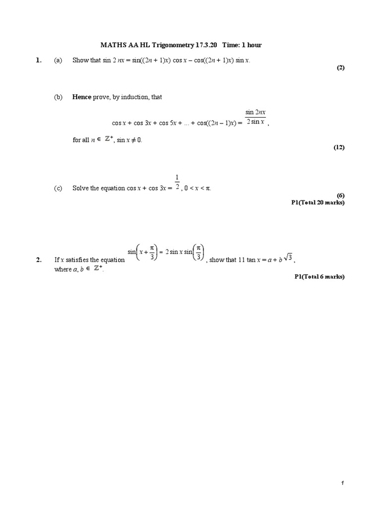 IB1 Maths HL AA Trig Qs | PDF | Sine | Trigonometric Functions