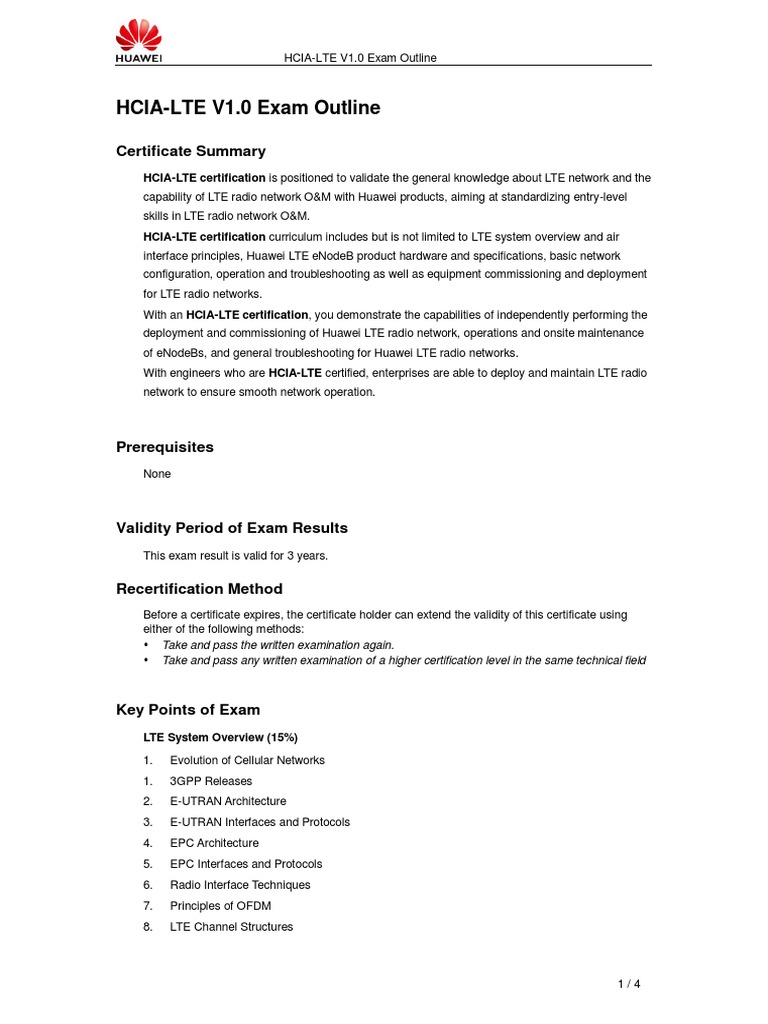 Hcia-Lte v1.0 Exam Outline | PDF | Lte (Telecommunication) | Networking Standards