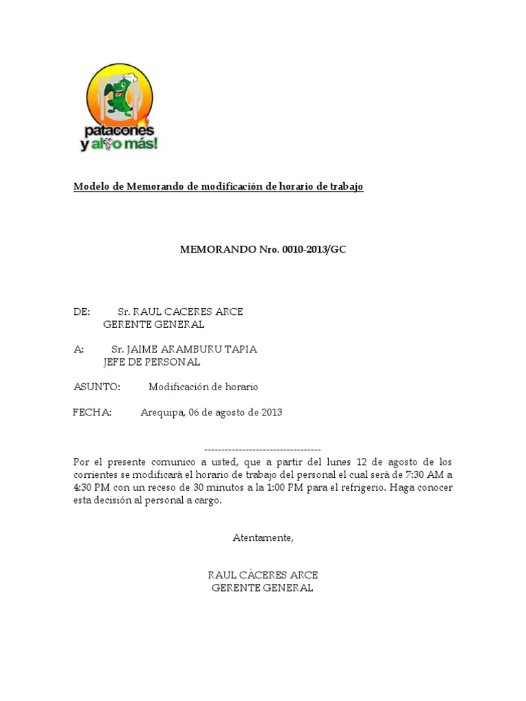 Memorando de Modificación de Horario de Trabajo Imprimir 3 | PDF ...