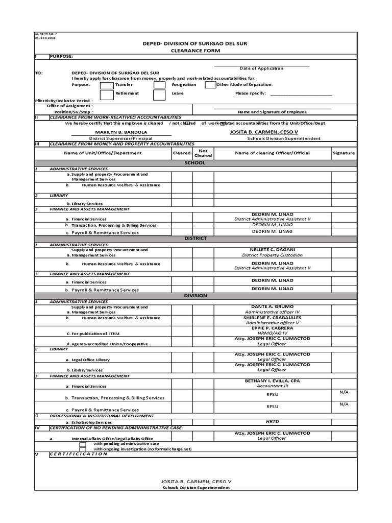 Deped-Division of Surigao Del Sur Clearance Form: Clearance From Work ...