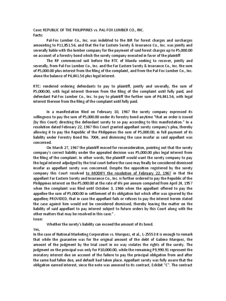 RP Vs PAL-FOX LUMBER CO., INC. | PDF | Guarantee | Surety