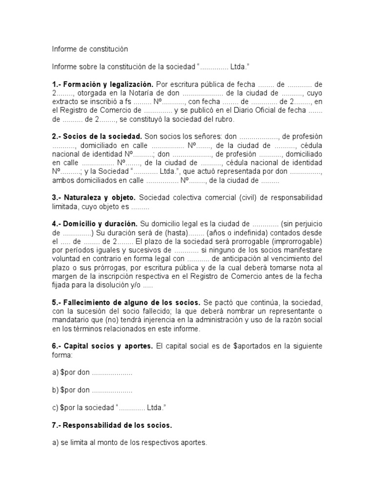 Modelo Informe De Constitucion De Sociedad Limitada Pdf