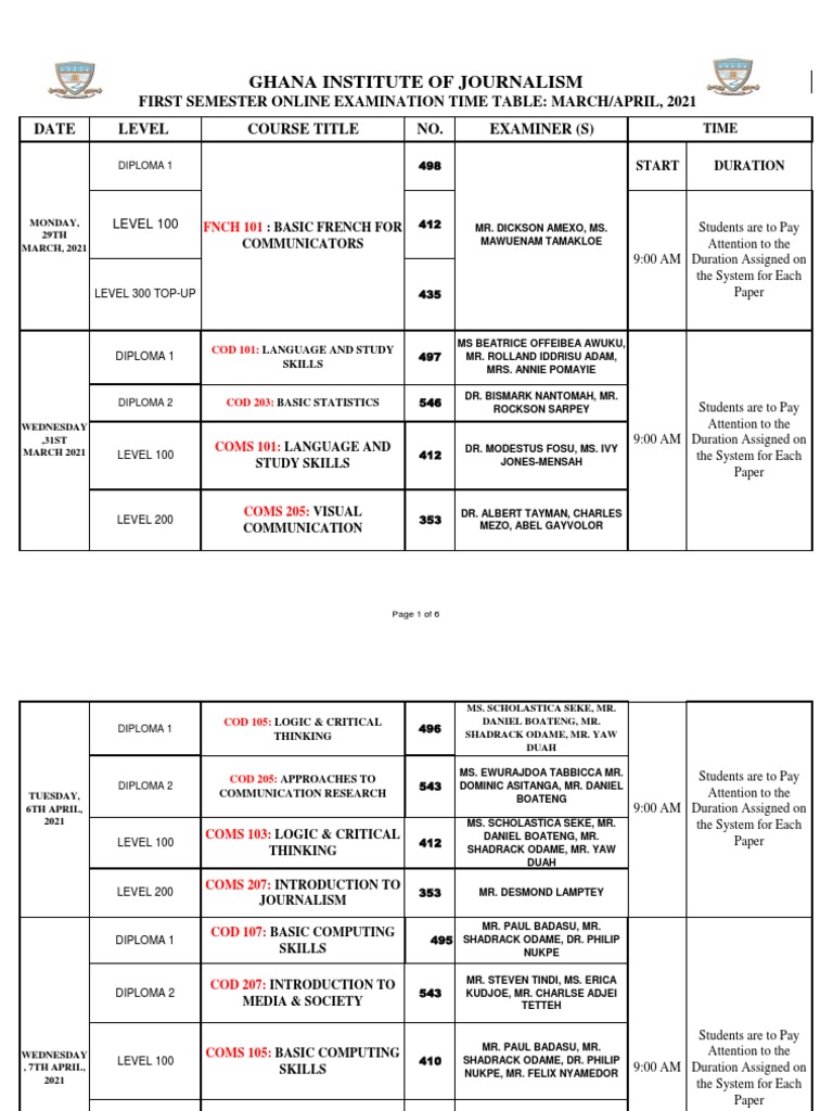 End of First Semester Online Examination Time Table, 2020-2021 | PDF ...
