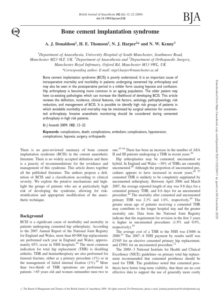 Bone Cement Implementation Syndrome | PDF | Atrium (Heart) | Embolism