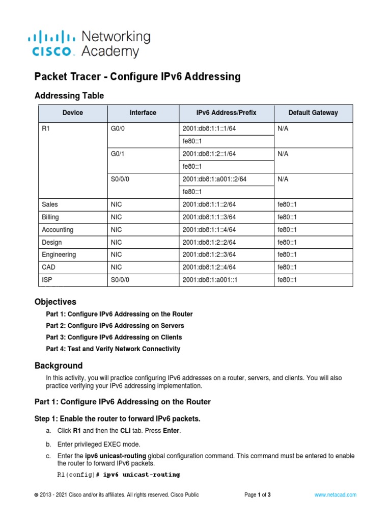 Packet Tracer - Configure Ipv6 Addressing | PDF | I Pv6 | Internet Protocols