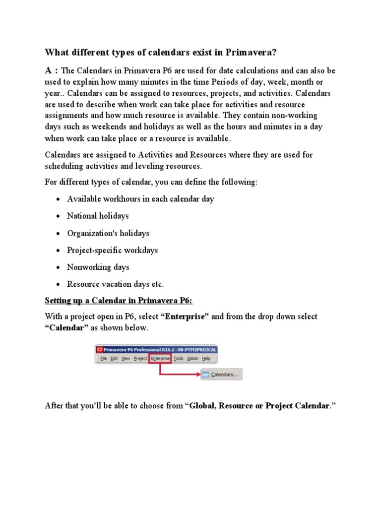 What Different Types of Calendars Exist in Primavera? A | PDF