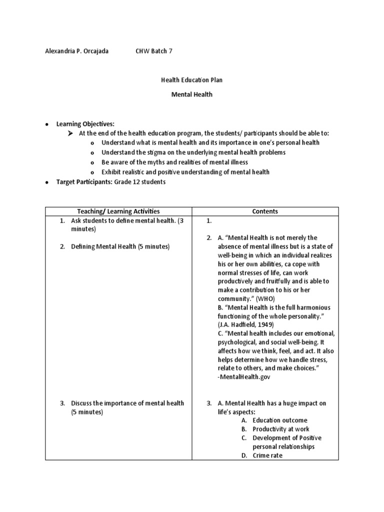 Health Education Plan | PDF | Social Stigma | Mental Health