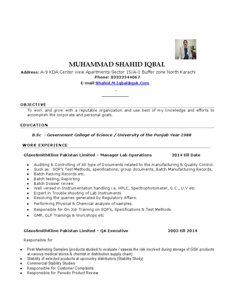 CV QC Form M Shahid Iqbal With Pic | PDF | Glaxo Smith Kline ...