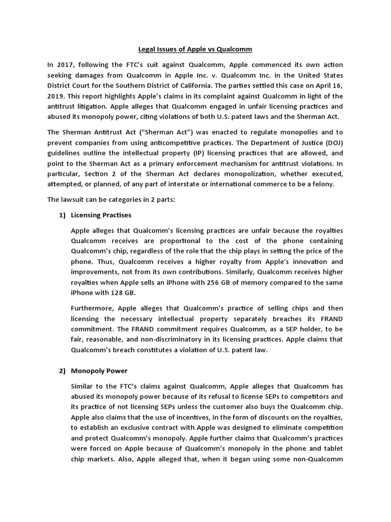 Legal Issues of Apple Vs Qualcomm | PDF | Apple Inc. | Monopoly