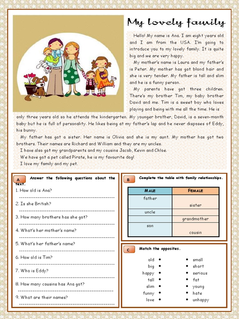 My-Lovely-Family-Reading-Comprehension-Exercises - 10557 | PDF | Family ...