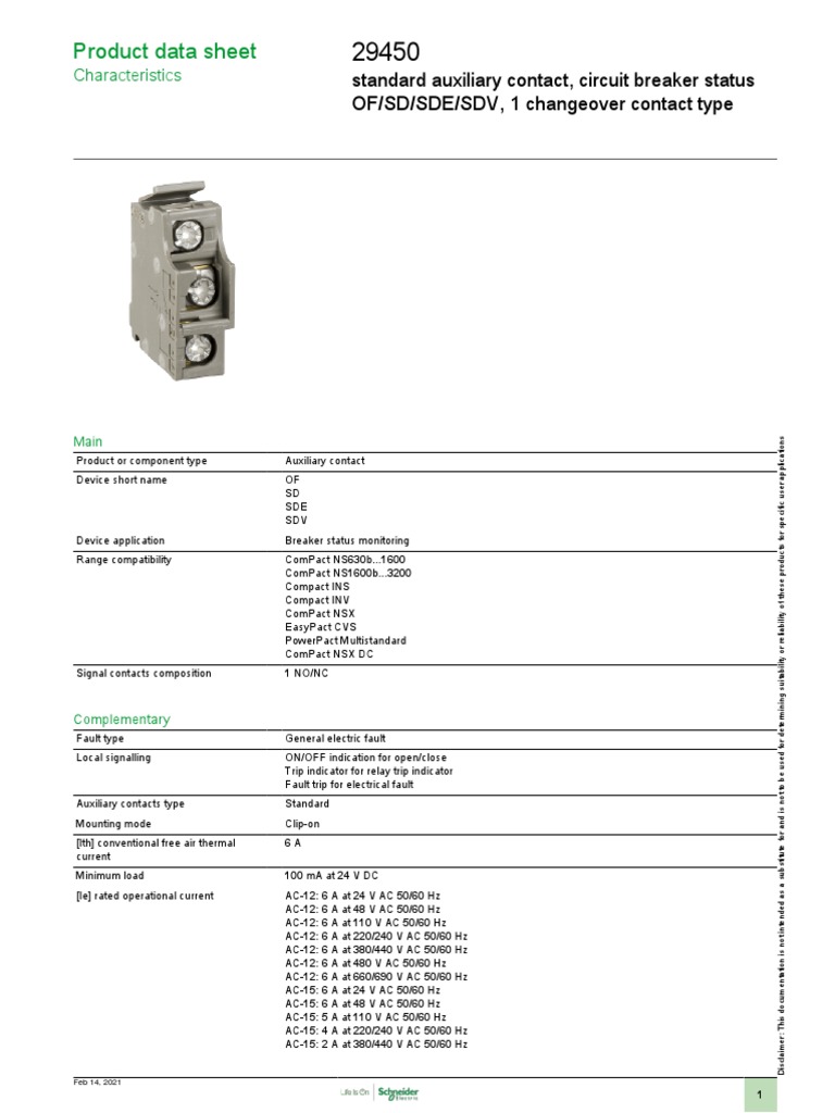 Product Data Sheet: Standard Auxiliary Contact, Circuit Breaker Status ...