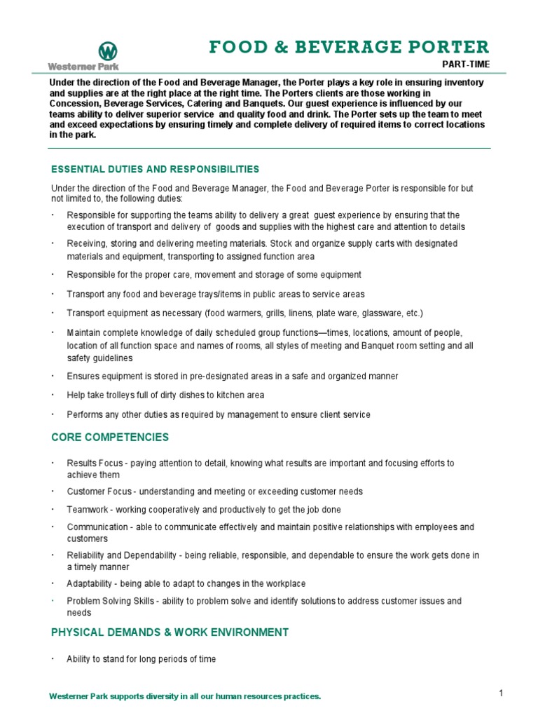 Food & Beverage Porter Job Description | PDF | Human Resources | Foods