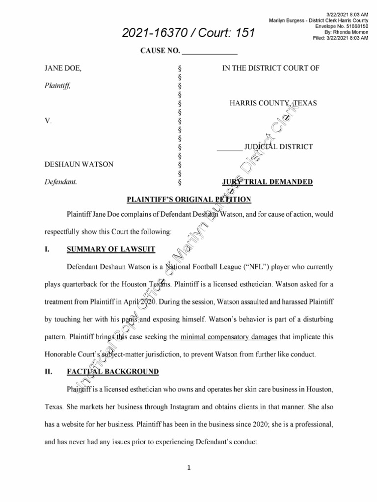 7 Lawsuit 11 Jane Doe V Deshaun Watson Plaintiff's Original Petition ... 7 Lawsuit 11 Jane Doe V Deshaun Watson Plaintiff's Original Petition ...