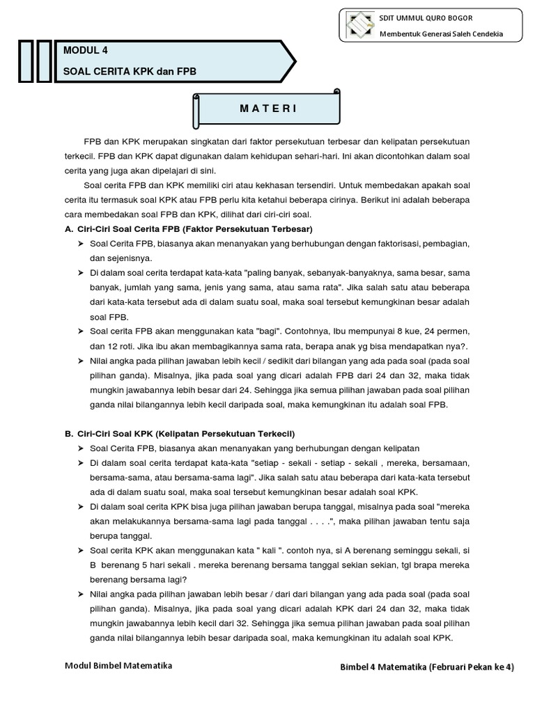 Modul 4 Matematika (Soal Cerita FPB Dan KPK) | PDF