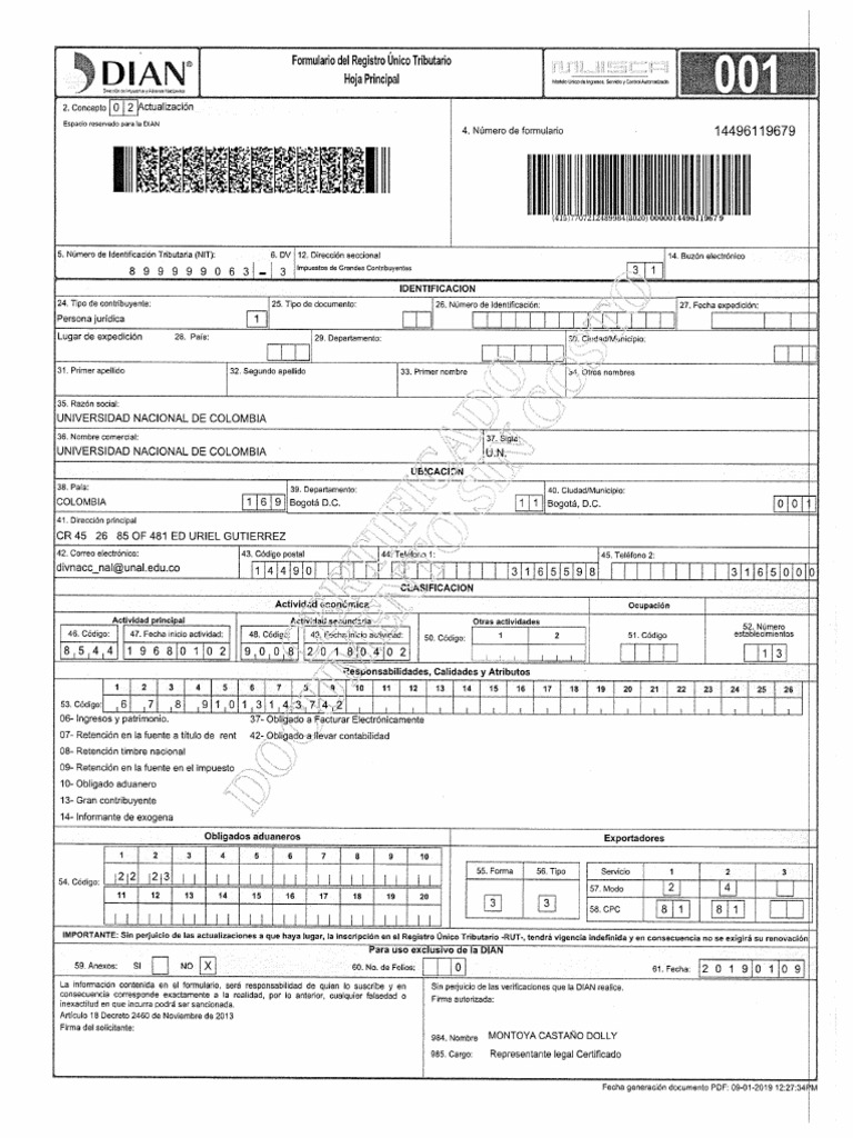 11 - RUT Universidad Nacional de Colombia Actualizado Enero 09 de 2019 ...