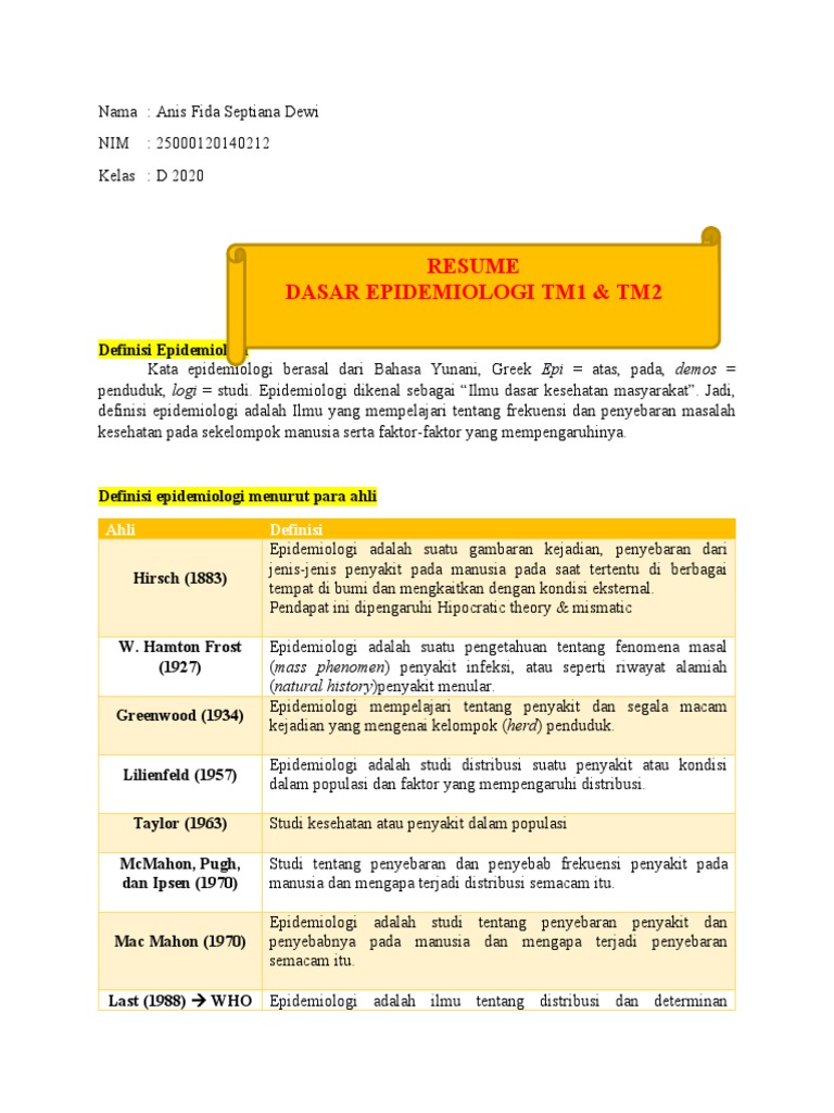Resume Dasar Epidemiologi Tm1 & Tm2: Ahli Definisi | PDF | Pengembangan Diri