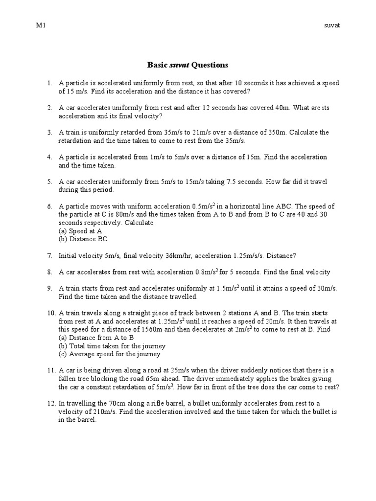 SUVAT Practice Questions and Solutions | PDF | Acceleration | Speed