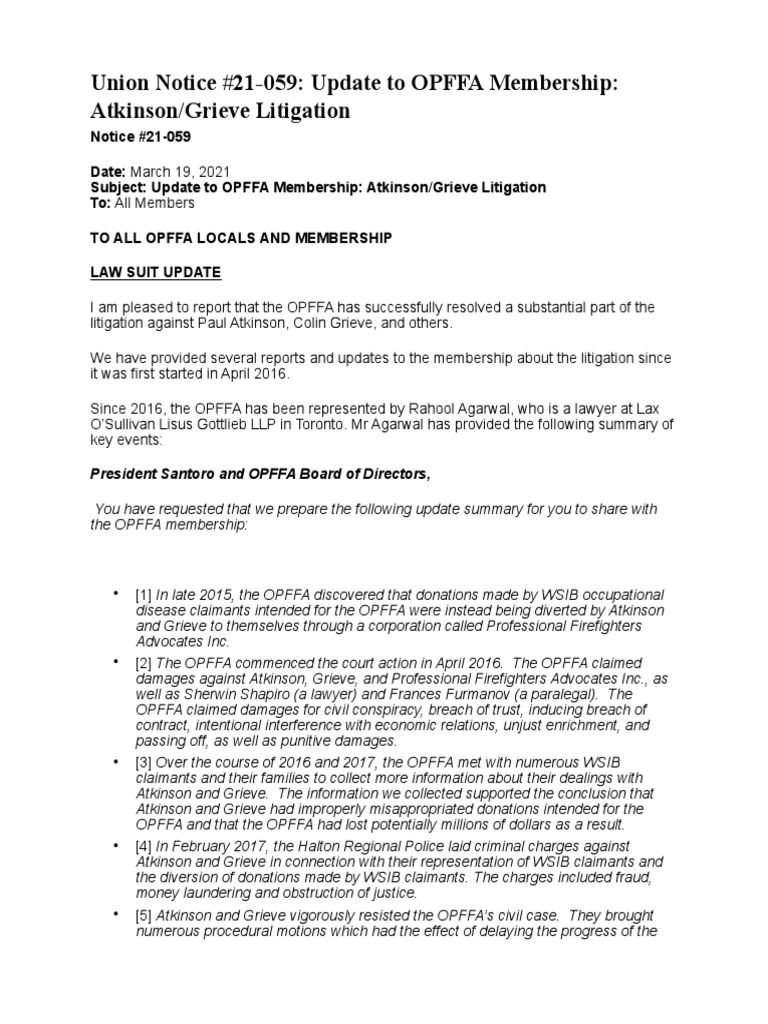 OPFFA Union Notice | PDF | Lawsuit | Judgment (Law)