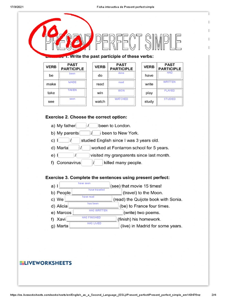 Ficha Interactiva de Present Perfect Simple | PDF