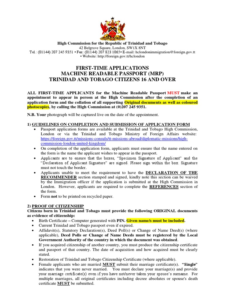 First-Time Applications Machine Readable Passport (MRP) Trinidad and ...