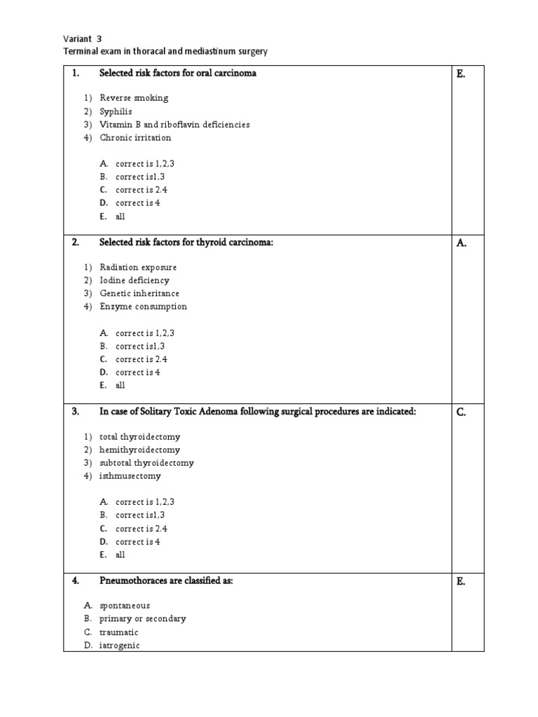 Terminal Exam in Thoracal and Mediastinum Variant 33 | PDF | Medical ...
