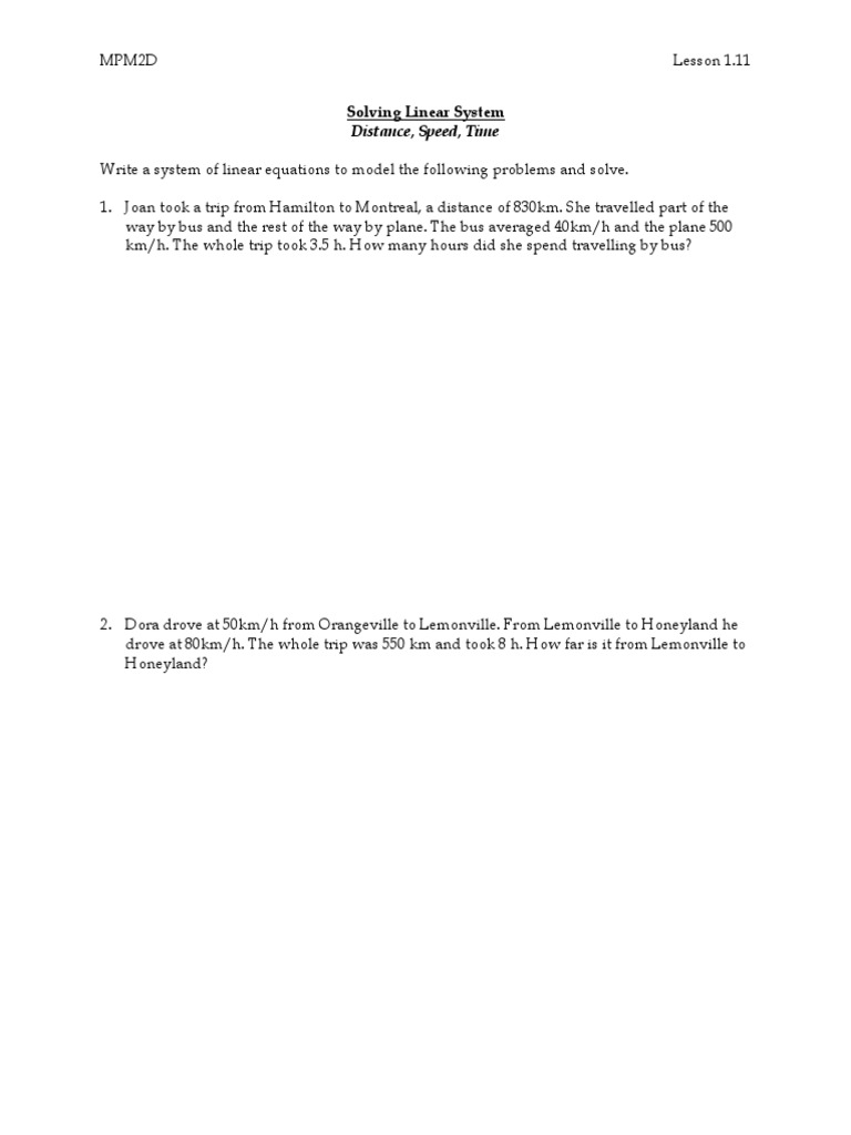 Solving Systems of Linear Equations to Determine Distances, Speeds, and ...