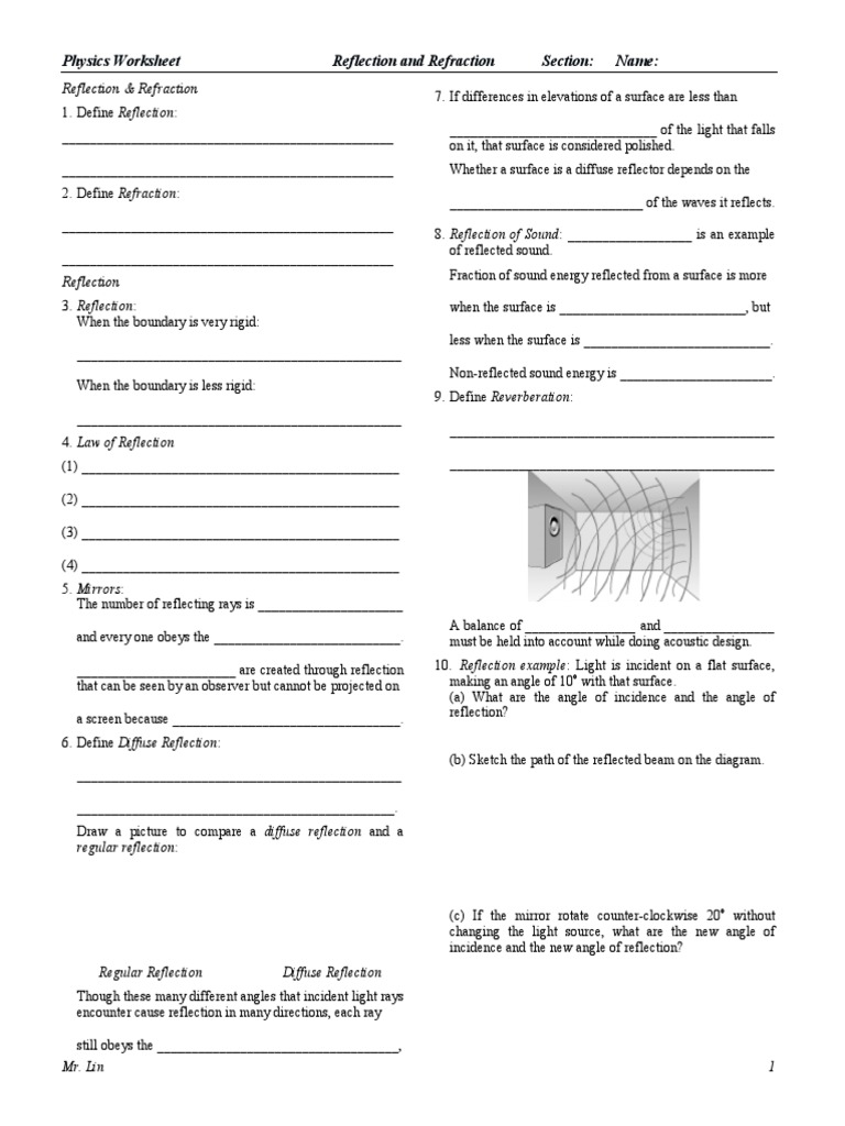 Physics Worksheet Lesson 24 Reflection and Refraction | PDF ...