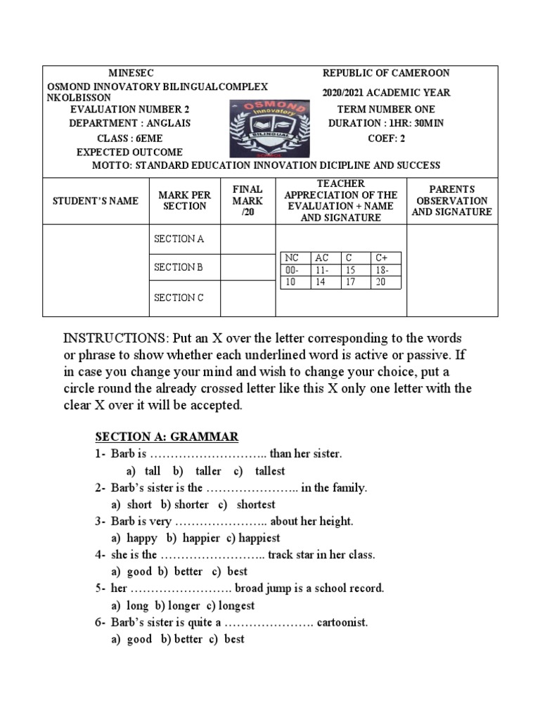 Section A: Grammar: Section A NC AC C C+ 00-11 - 15 18 - 10 14 17 20 Section B Section C | PDF ...