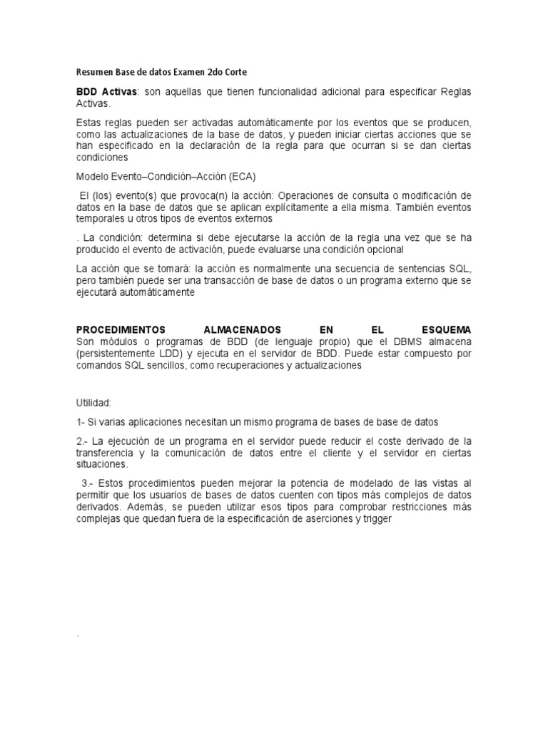 Resumen Base de Datos Examen 2do Corte | PDF | SQL | Bases de datos