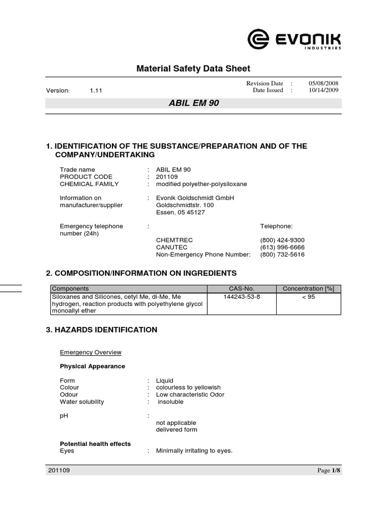 MSDS Abil EM 90 EVONIK | PDF | Personal Protective Equipment | Firefighting