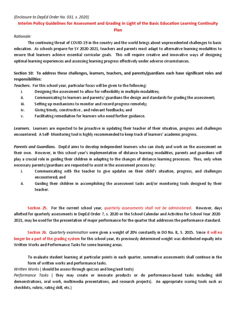 Enclosure-to-DepEd-Order-No 31 s2020 | PDF | Educational Assessment ...
