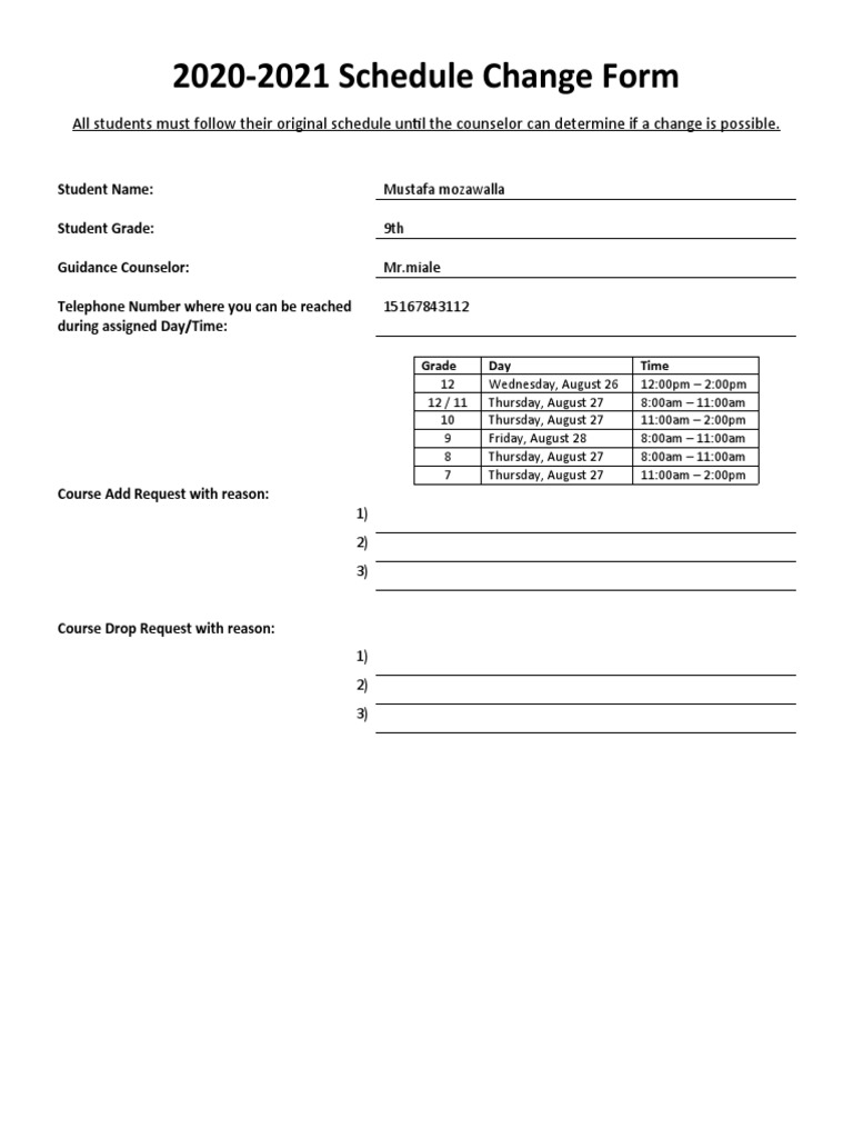 Schedule Change Form 2020 | PDF