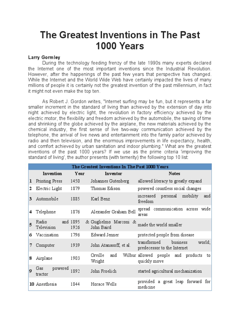 The Greatest Inventions in The Past 1000 Years | PDF | Internet | Science