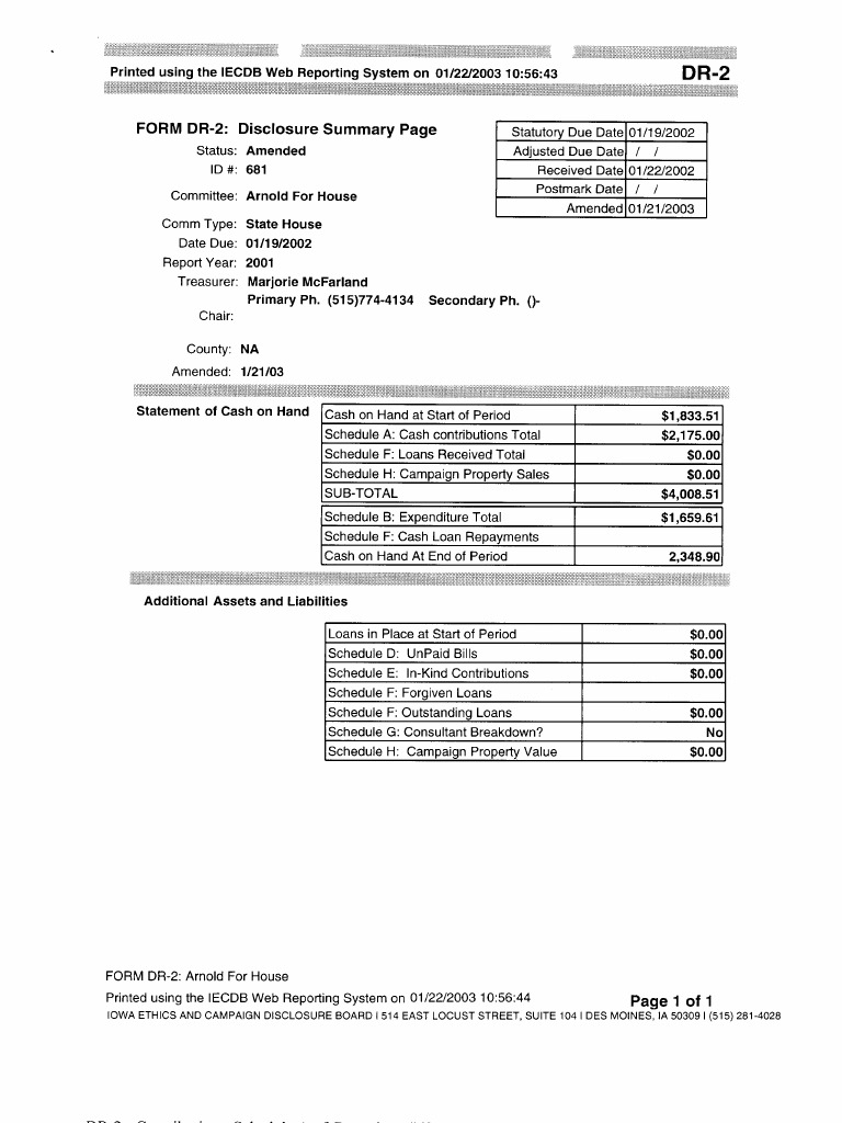 FORM DR-2: Disclosure Summary Page | PDF | Iowa | Political Action ...