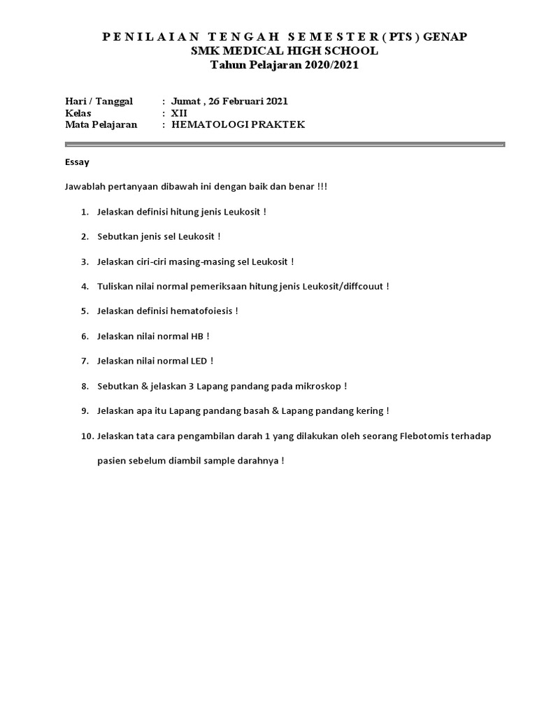 Soal Pts Hematologi (P) Xii SMK Mhs 2021 | PDF