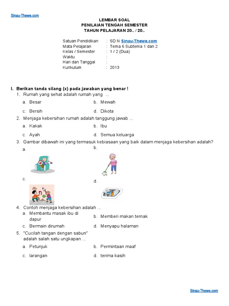Soal & Jawaban PTS KELAS 1 (Tema 6 Subtema 1 Dan 2) | PDF | Seni & Disiplin Bahasa | Griya & Taman