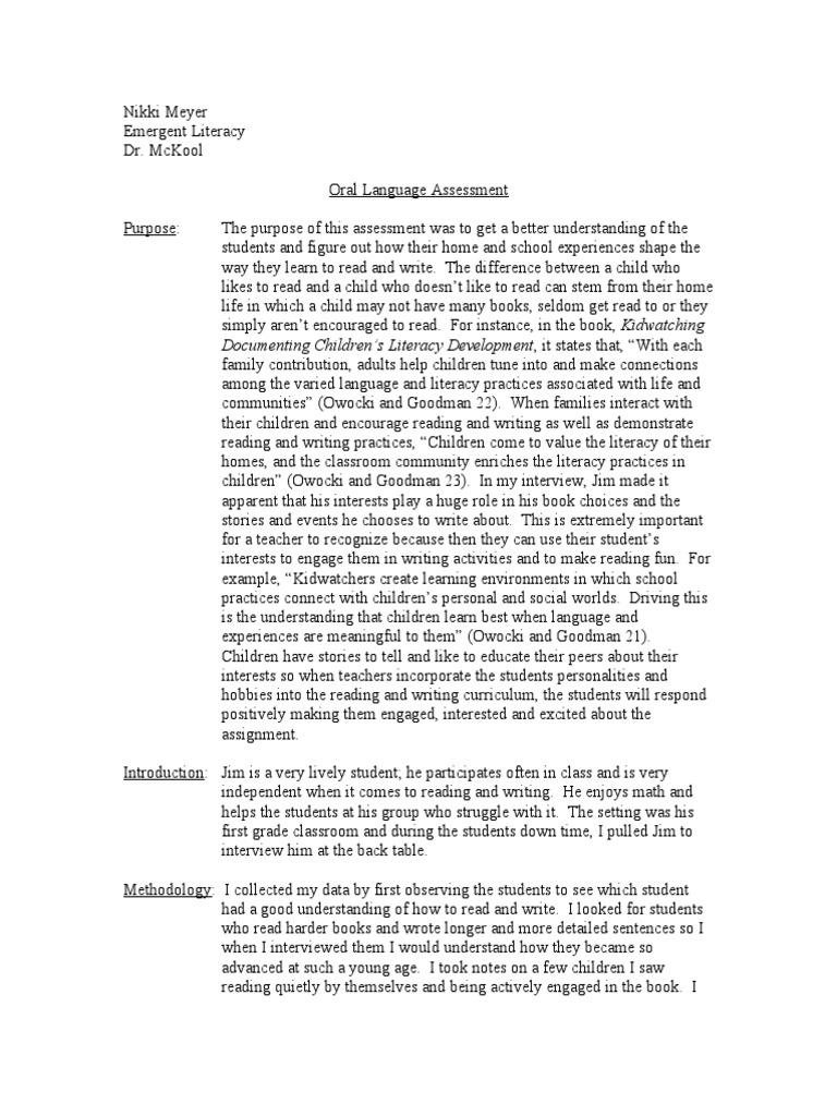 Oral Language Assessment | PDF | Literacy | Communication