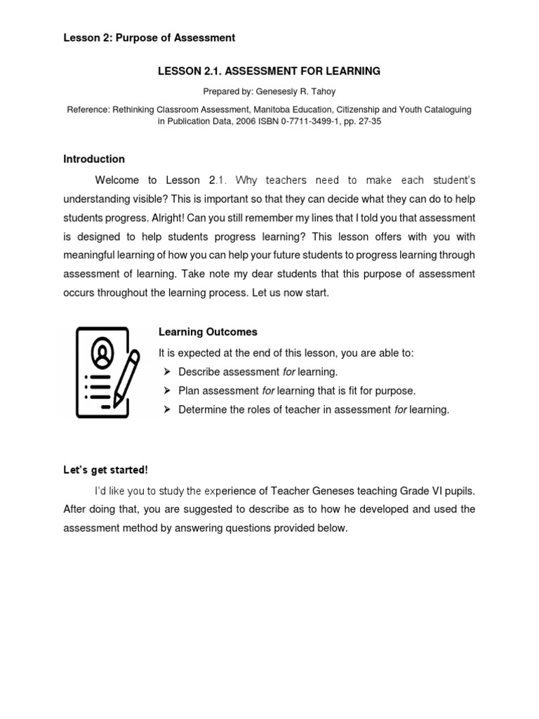 Lesson 2: Purpose of Assessment | PDF | Reading Comprehension | Teachers