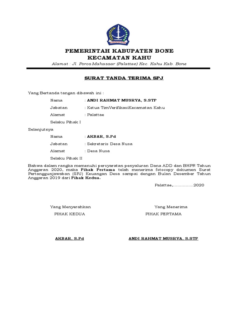 Surat Tanda Terima SPJ Kahu 2020 | PDF