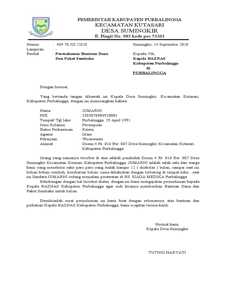 Surat Permohonan Bantuan Ke Baznas Purbalingga | PDF