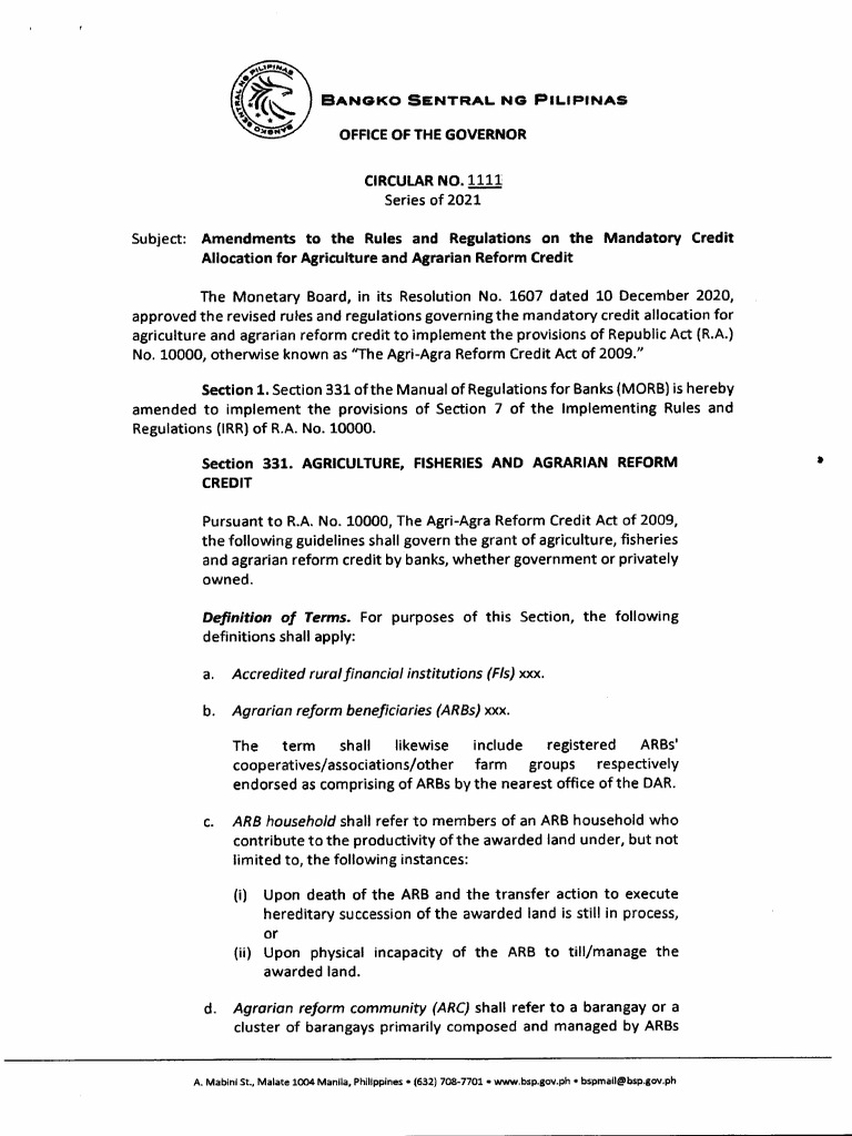 BSP Circular 1111 | PDF | Loans | Credit