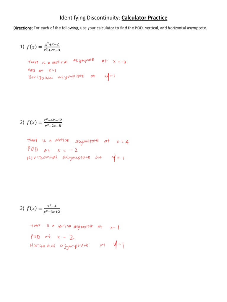 Identifying Discontinuity: Calculator Practice: Asymptote | PDF