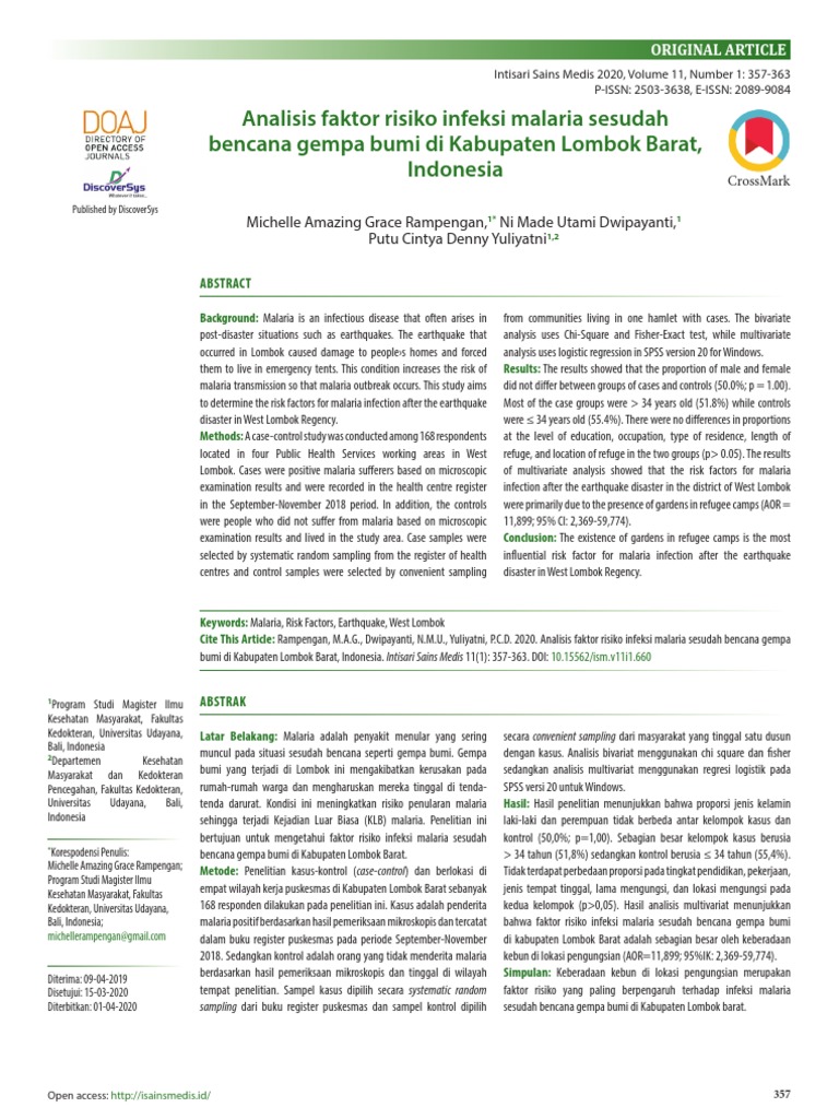 Analisis Faktor Risiko Infeksi Malaria Sesudah Bencana Gempa Bumi Di ...