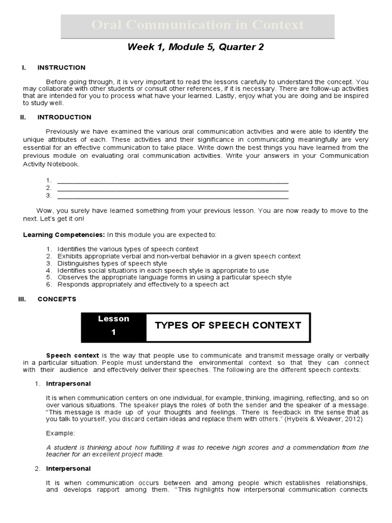 Oral Communication Context | PDF | Interpersonal Communication ...
