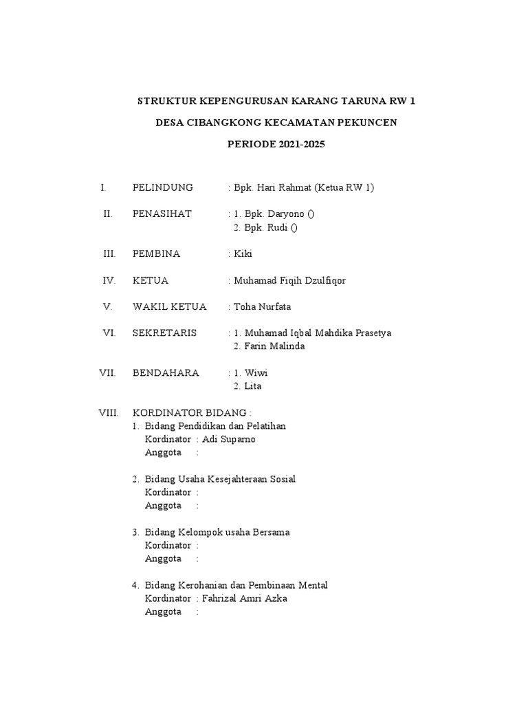 Struktur Kepengurusan Karang Taruna RW 1 | PDF