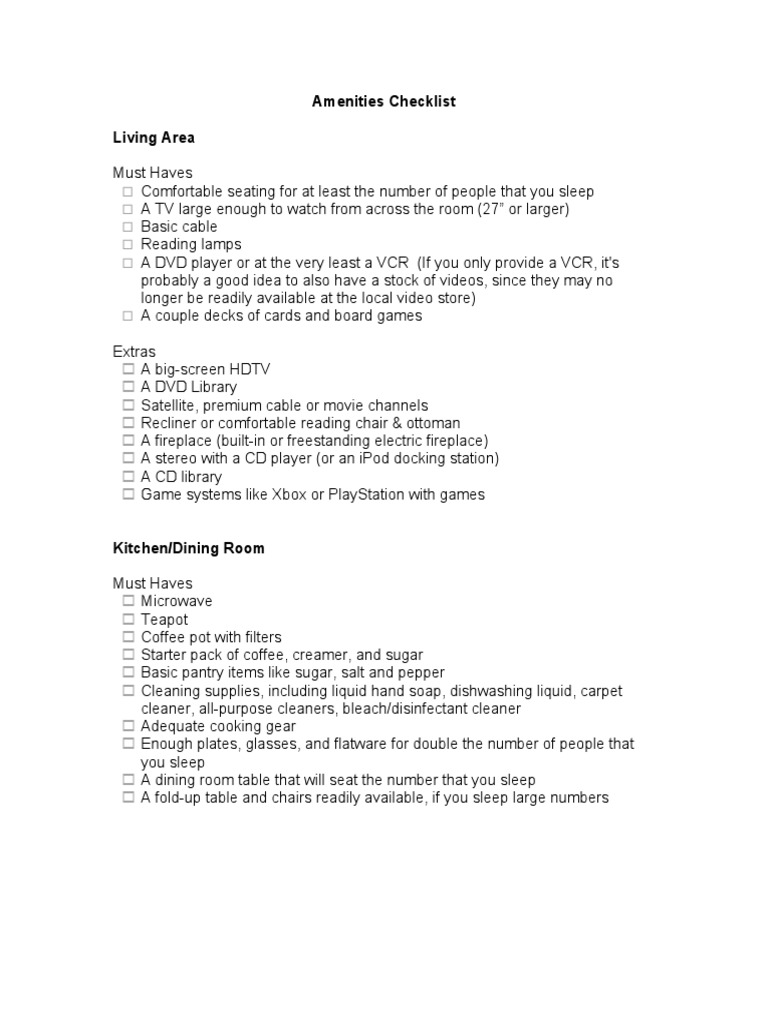 Essential Amenities Checklist Guide | PDF | Tableware | Dutch Oven
