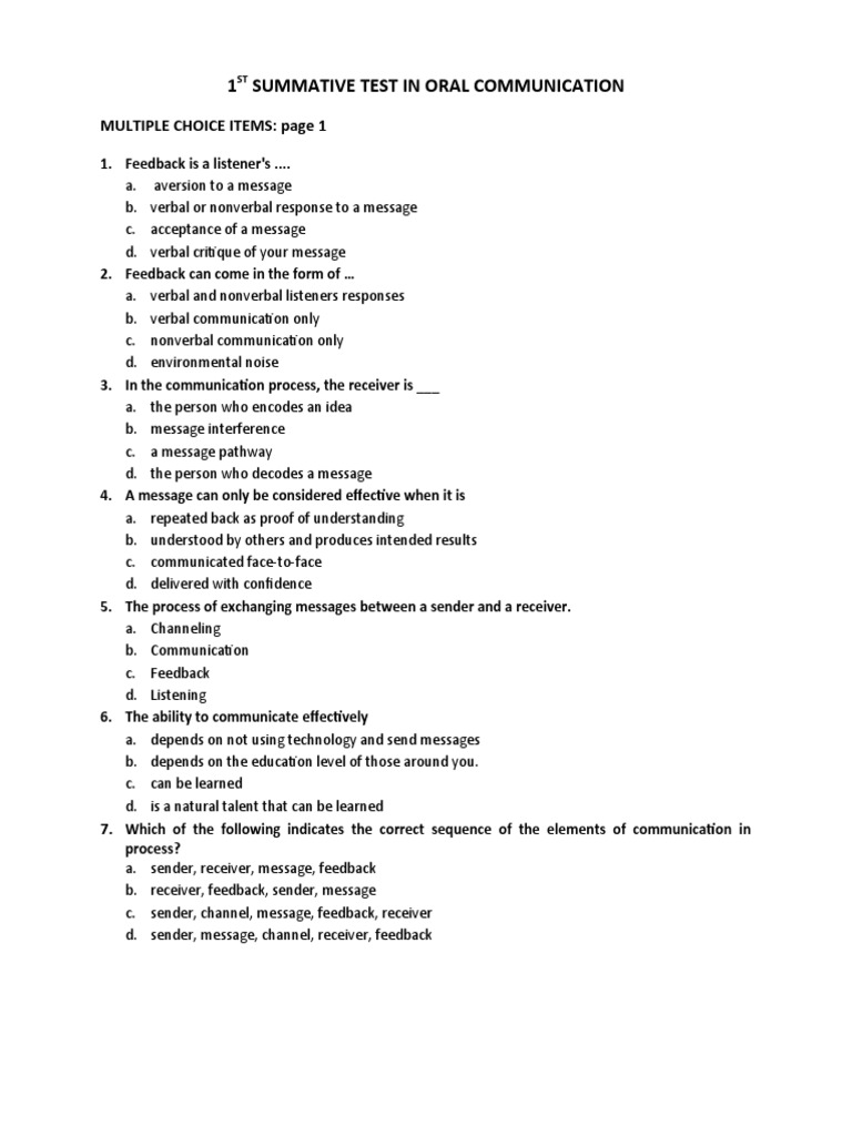 Oral Communication Summative Test | PDF | Communication | Nonverbal ...