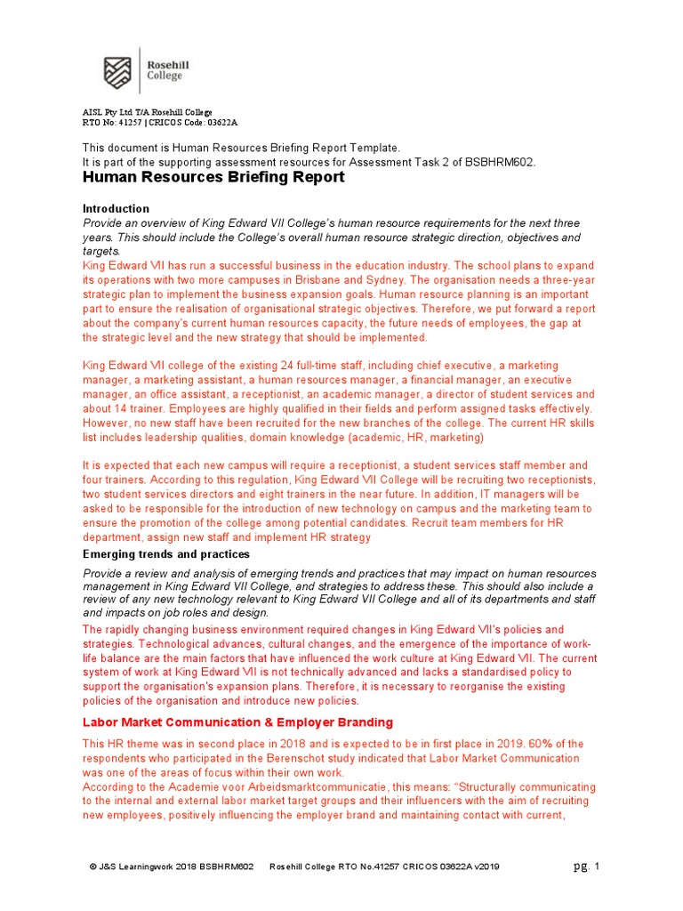 BSBHRM602 Human Resources Briefing Report Template Word | PDF | Human ...
